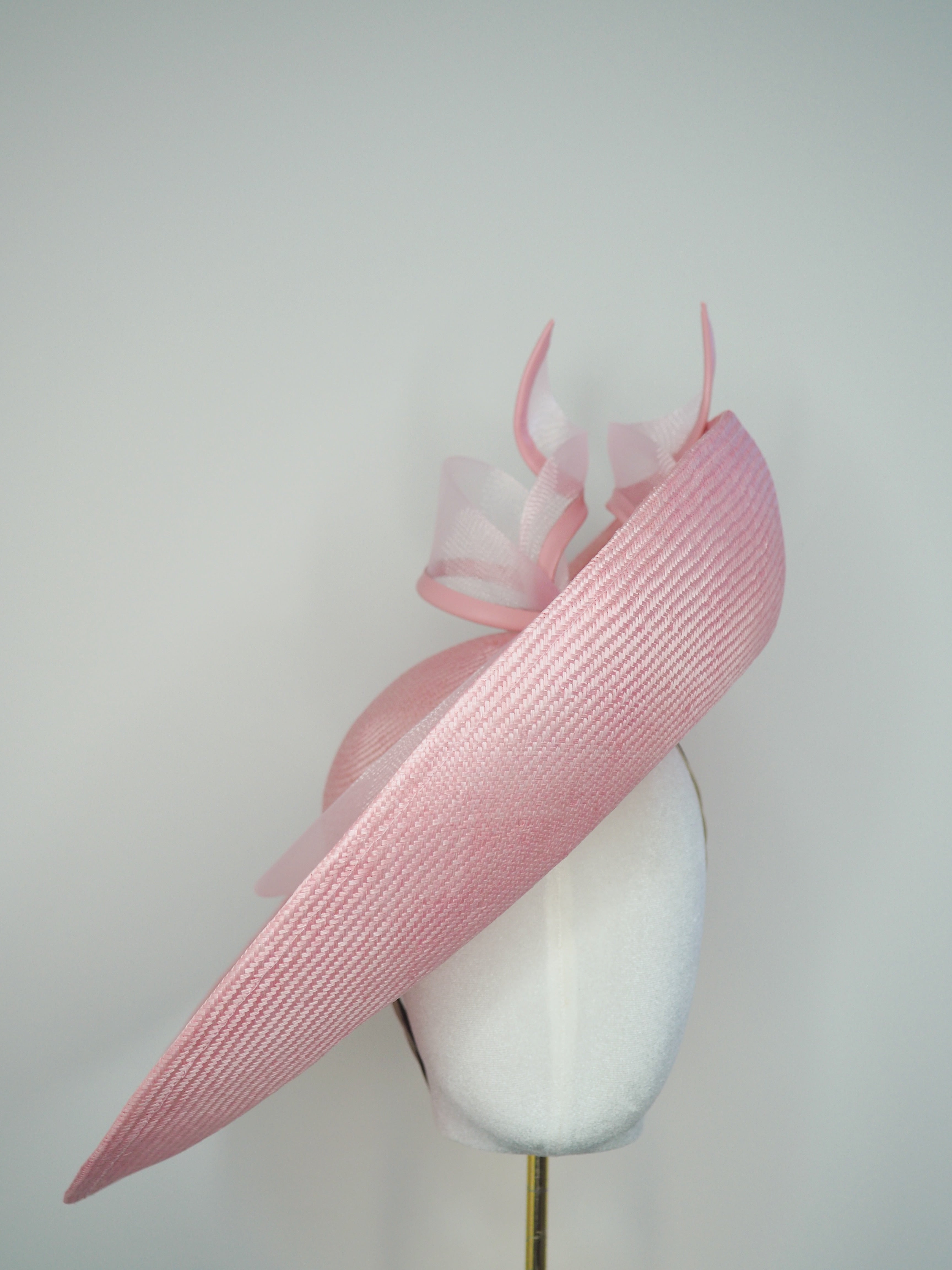 Pink Lady - Baby pink upturned brim hat with sculptural crinoline bow ...