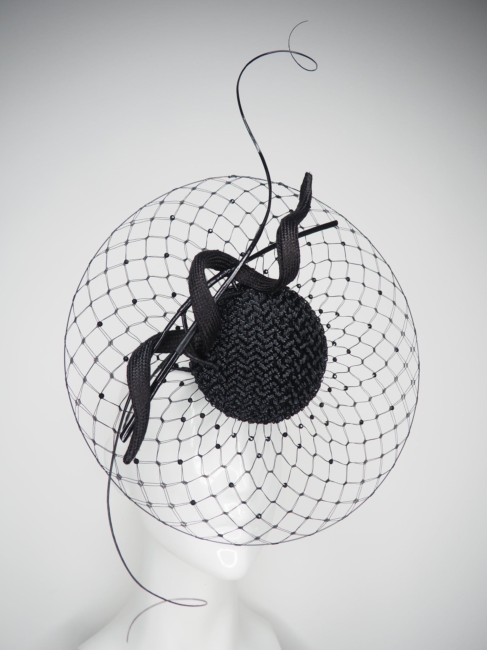 Sparkles at Night - Black vintage straw and leather veiled percher wit ...